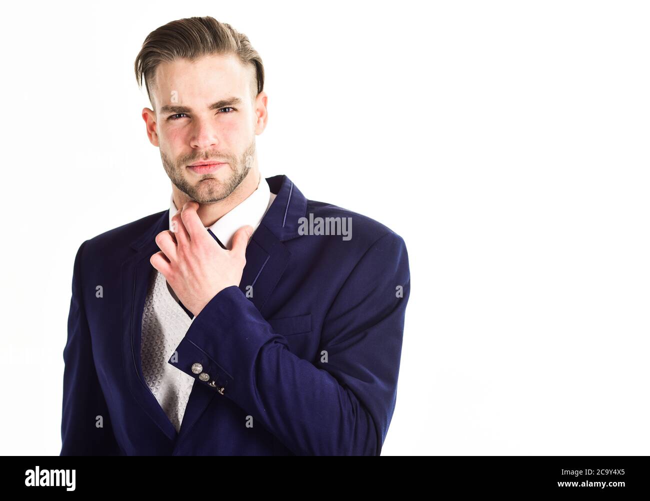 Man in classic suit or businessman feels uncomfortable with collar ...