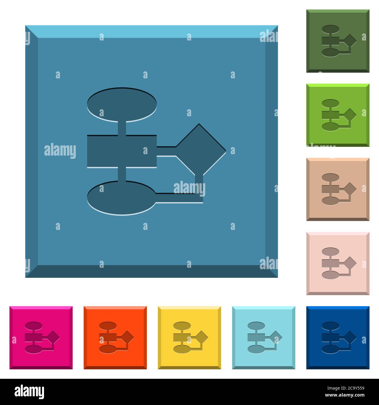 Flowchart engraved icons on edged square buttons in various trendy ...