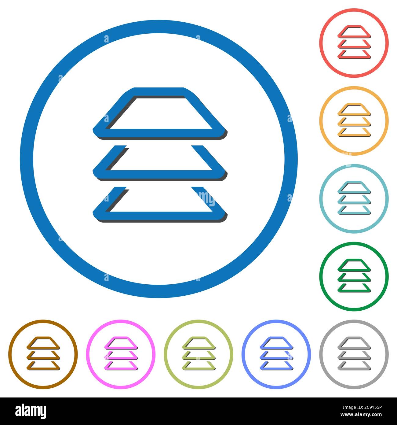 Multiple layers flat color vector icons with shadows in round outlines ...