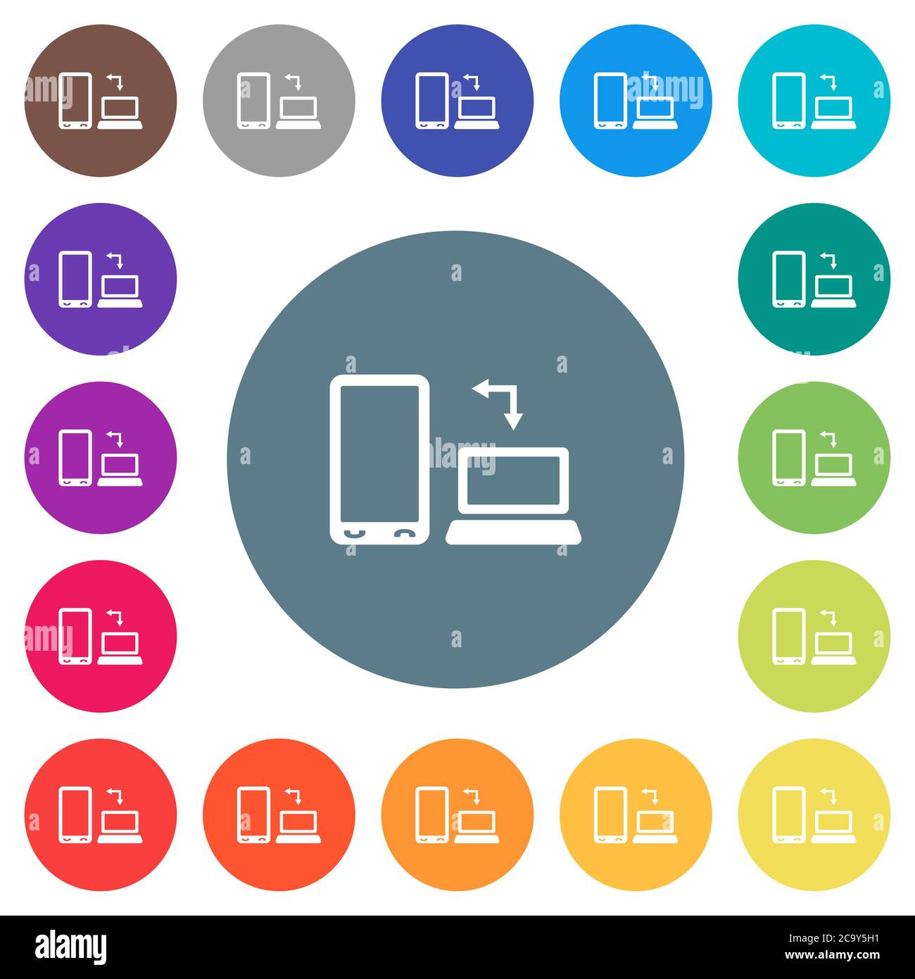 Syncronize mobile with computer flat white icons on round color backgrounds. 17 background color ...