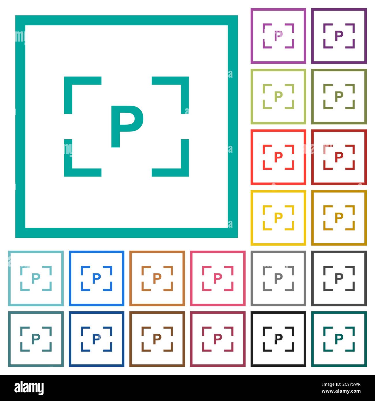 Camera program mode flat color icons with quadrant frames on white ...