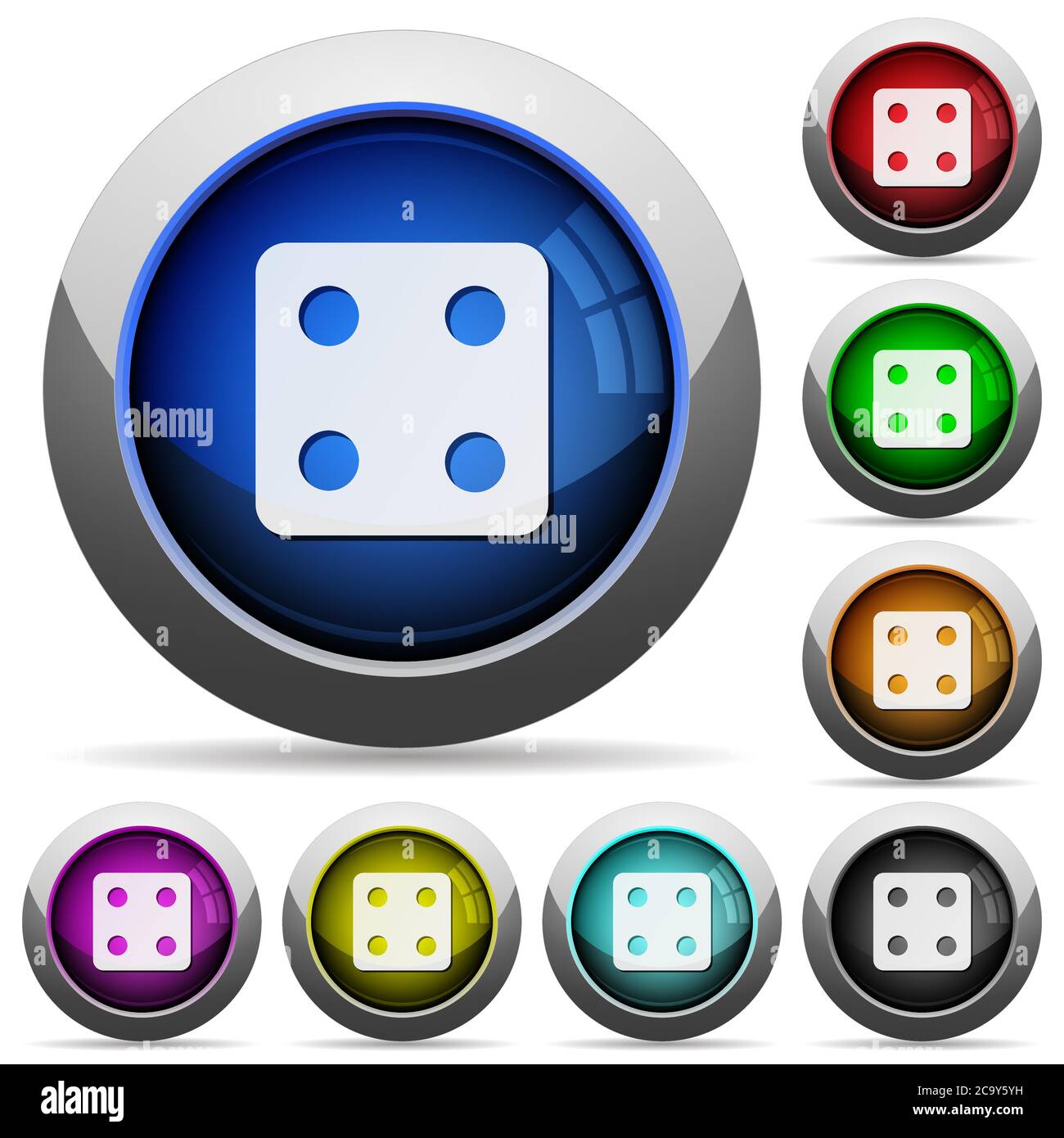 Dice Four Icons In Round Glossy Buttons With Steel Frames Stock Vector
