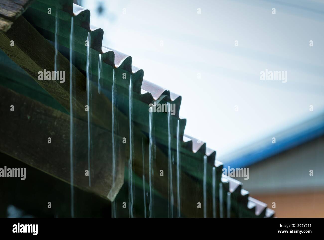 Rain water falling down from house roof in rainy season. Heavy rain in ...