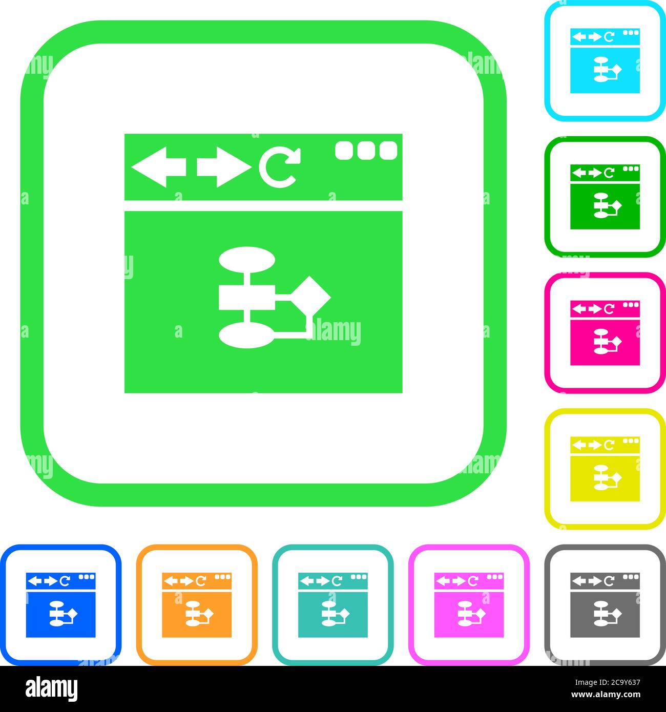 Browser flow chart vivid colored flat icons in curved borders on white ...