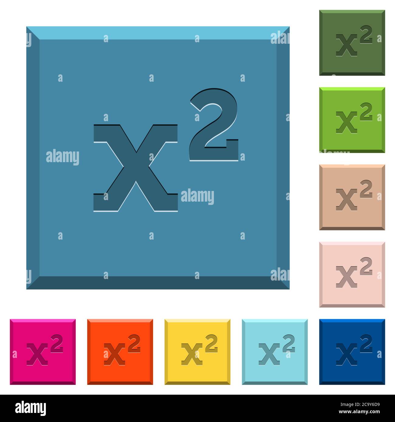 Math exponentiation engraved icons on edged square buttons in various ...