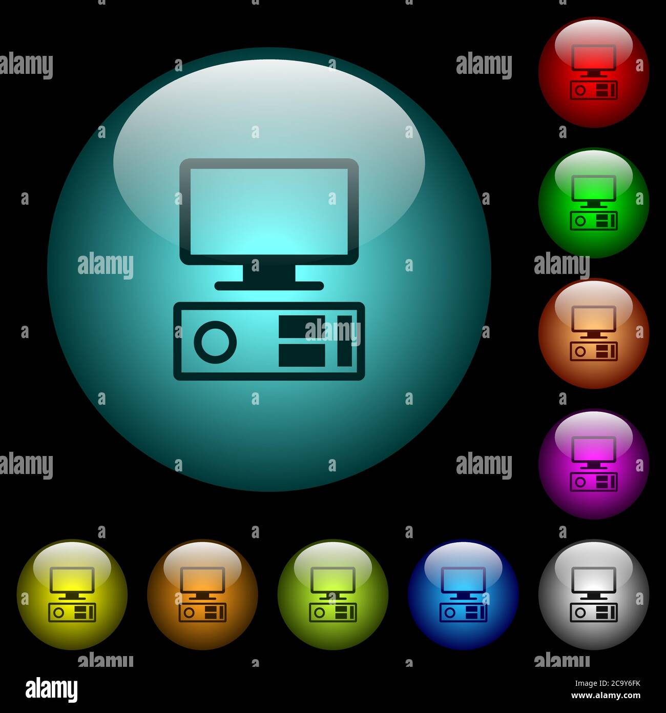 Old personal computer icons in color illuminated spherical glass ...
