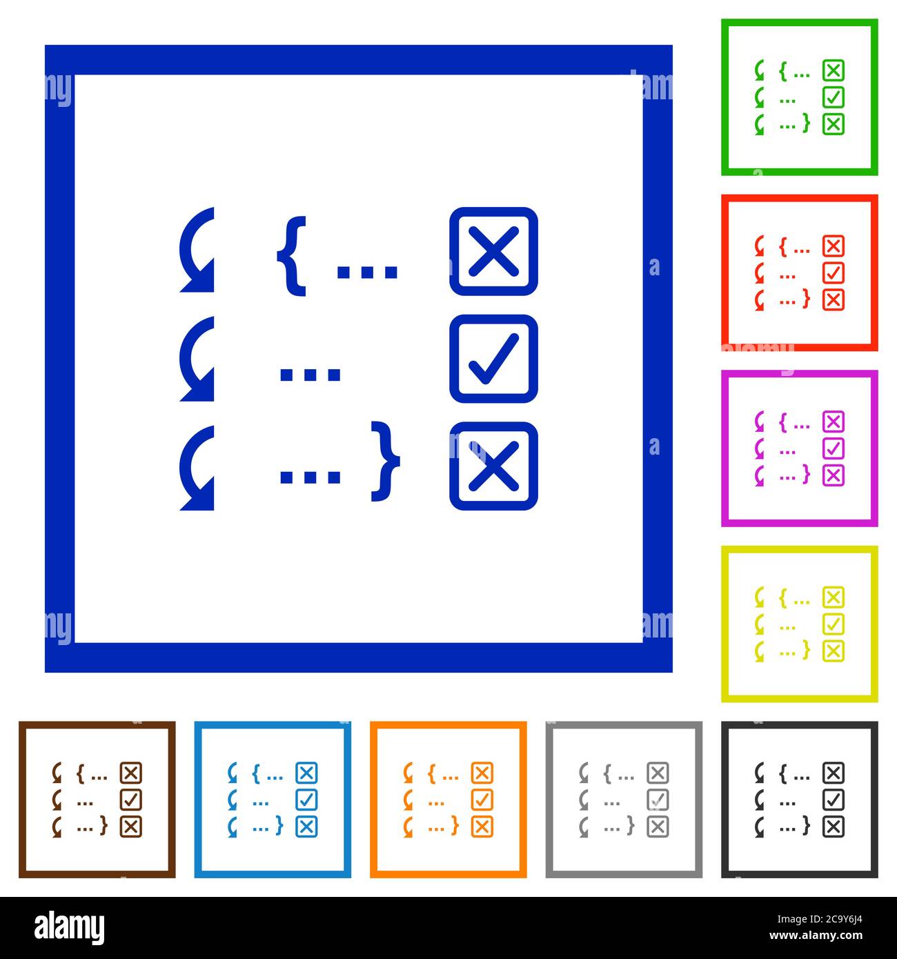 Debugging program flat color icons in square frames on white background ...