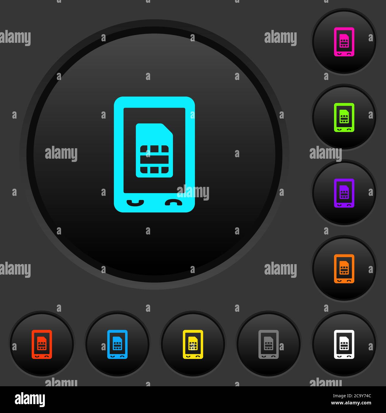 Mobile sim card dark push buttons with vivid color icons on dark grey ...