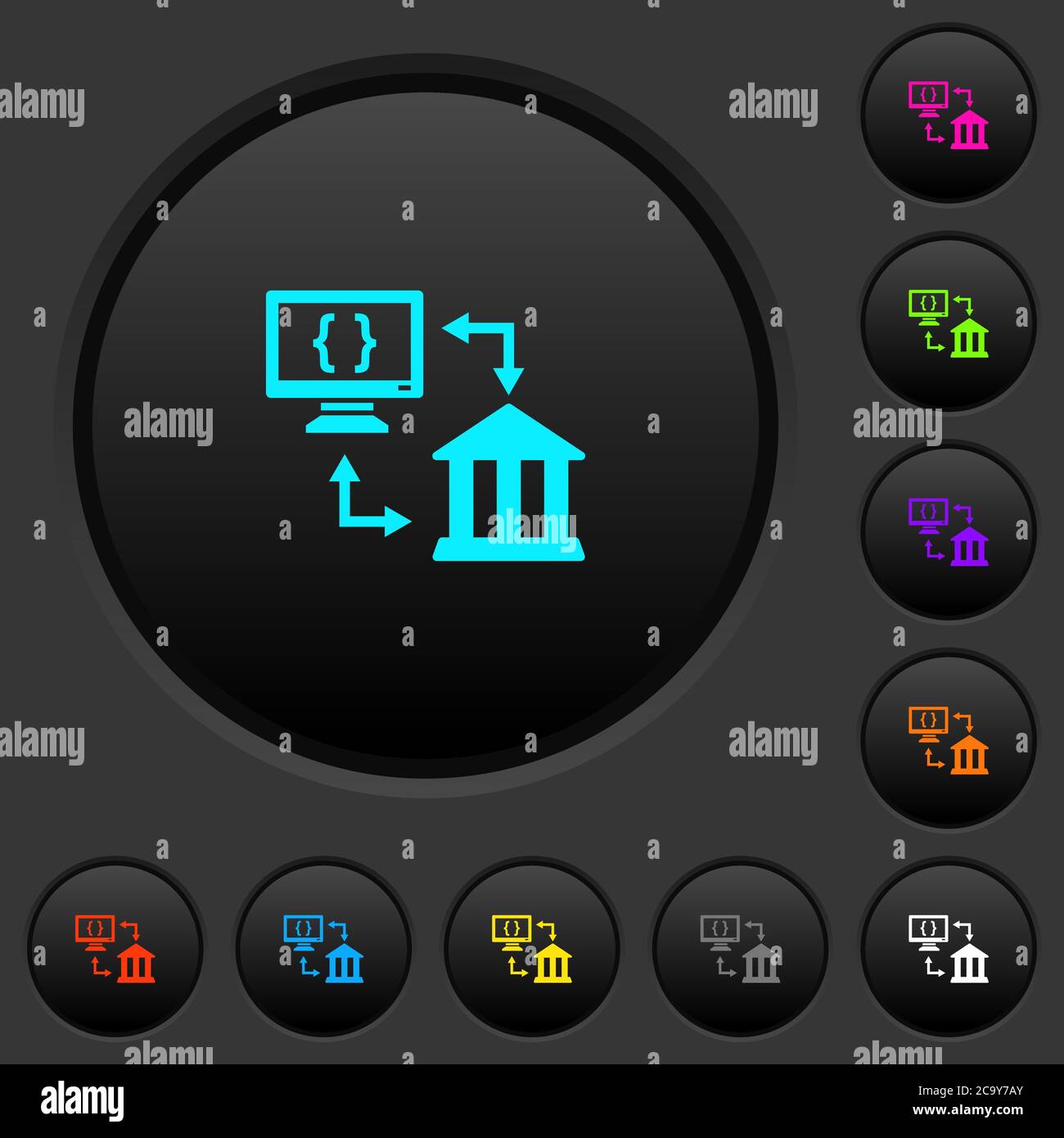Open banking API dark push buttons with vivid color icons on dark grey ...