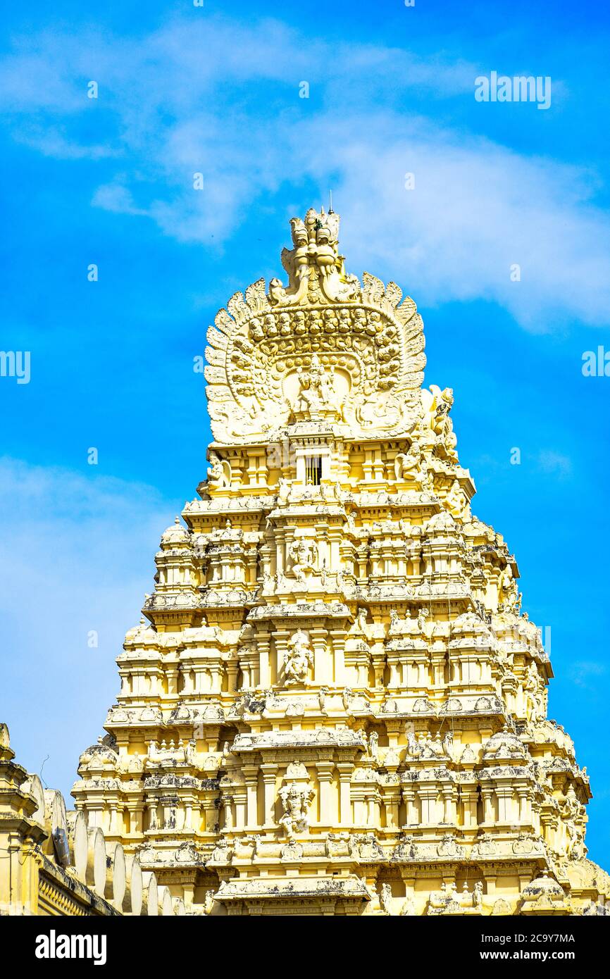 The top view of the upper portion of the temple with kalasa and blue ...