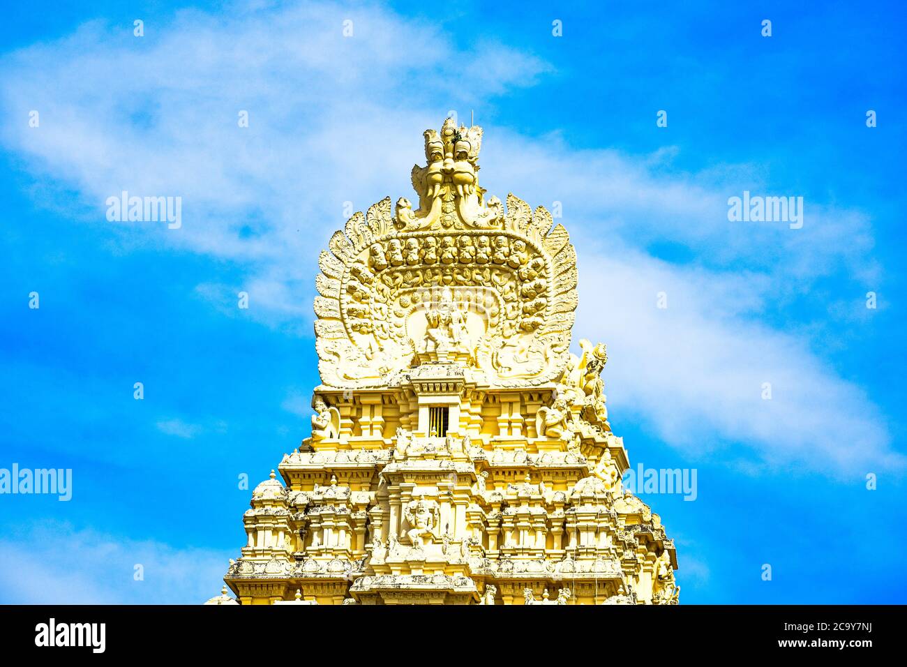The top view of the upper portion of the temple with kalasa and blue ...