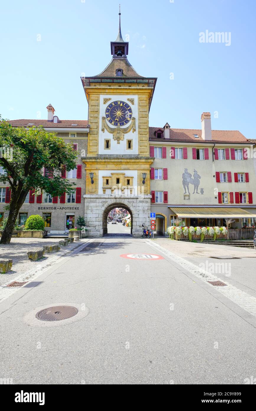 View of famous Bern Gate (Berntor) and Hauptgasse in Murten (Morat ...