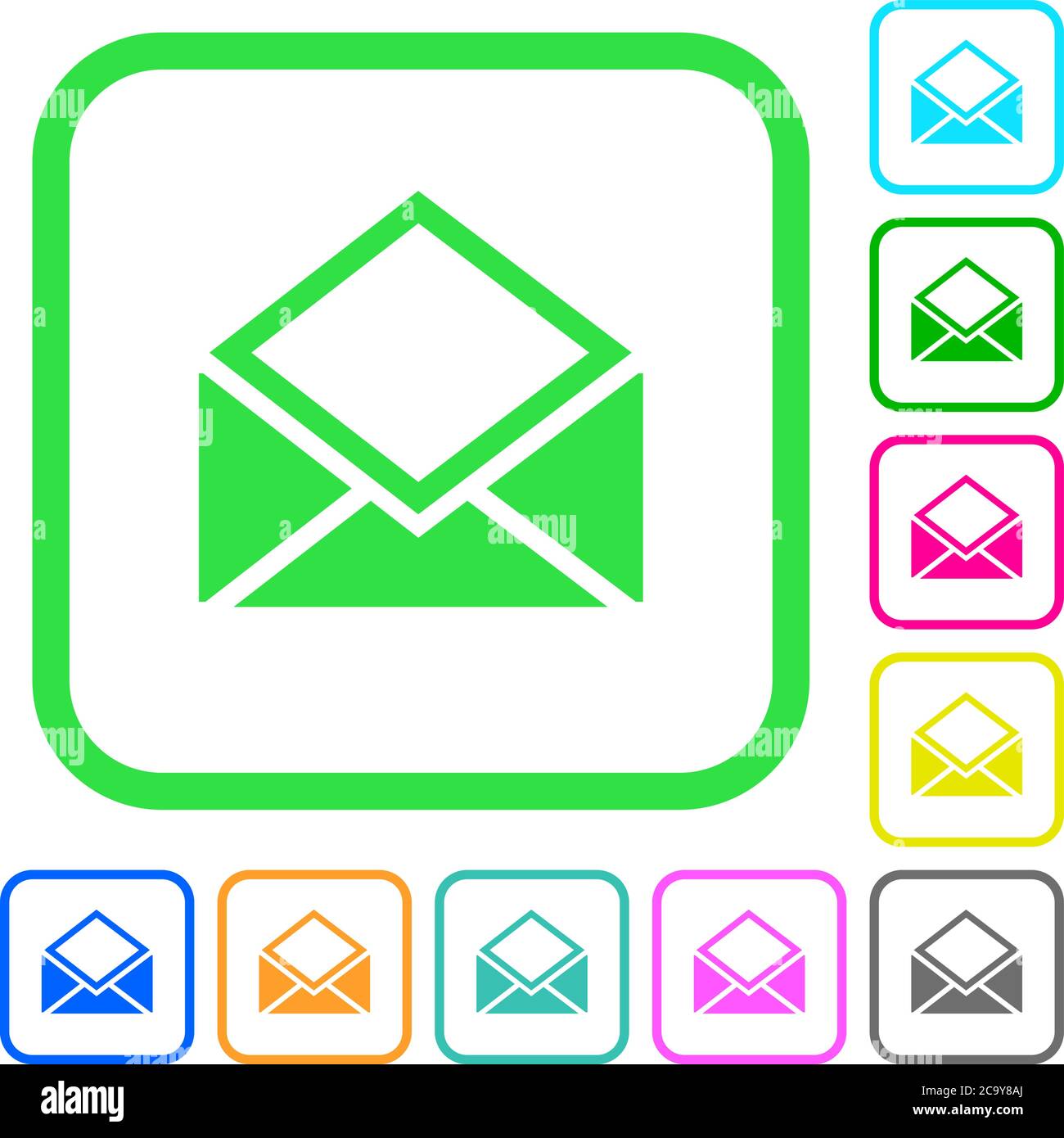 Open mail vivid colored flat icons in curved borders on white ...