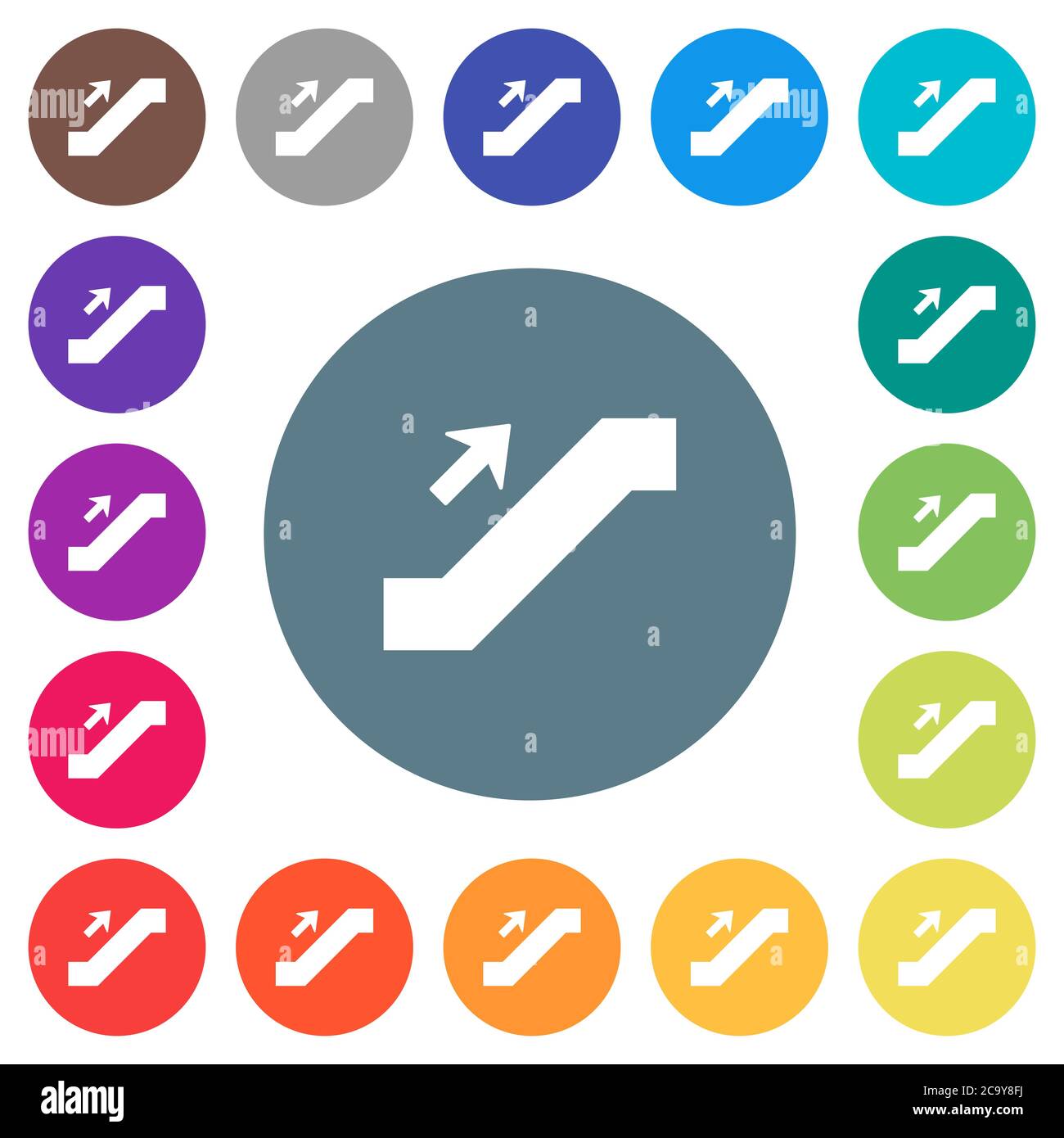 Escalator up sign flat white icons on round color backgrounds. 17 ...