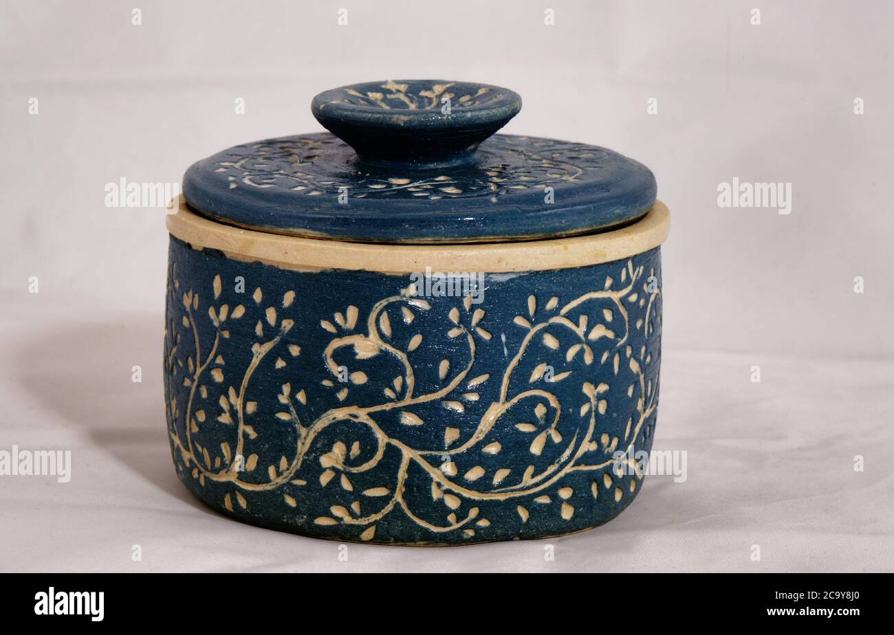 Hand made traditional ceramic butter bell pottery with blue finish and ...