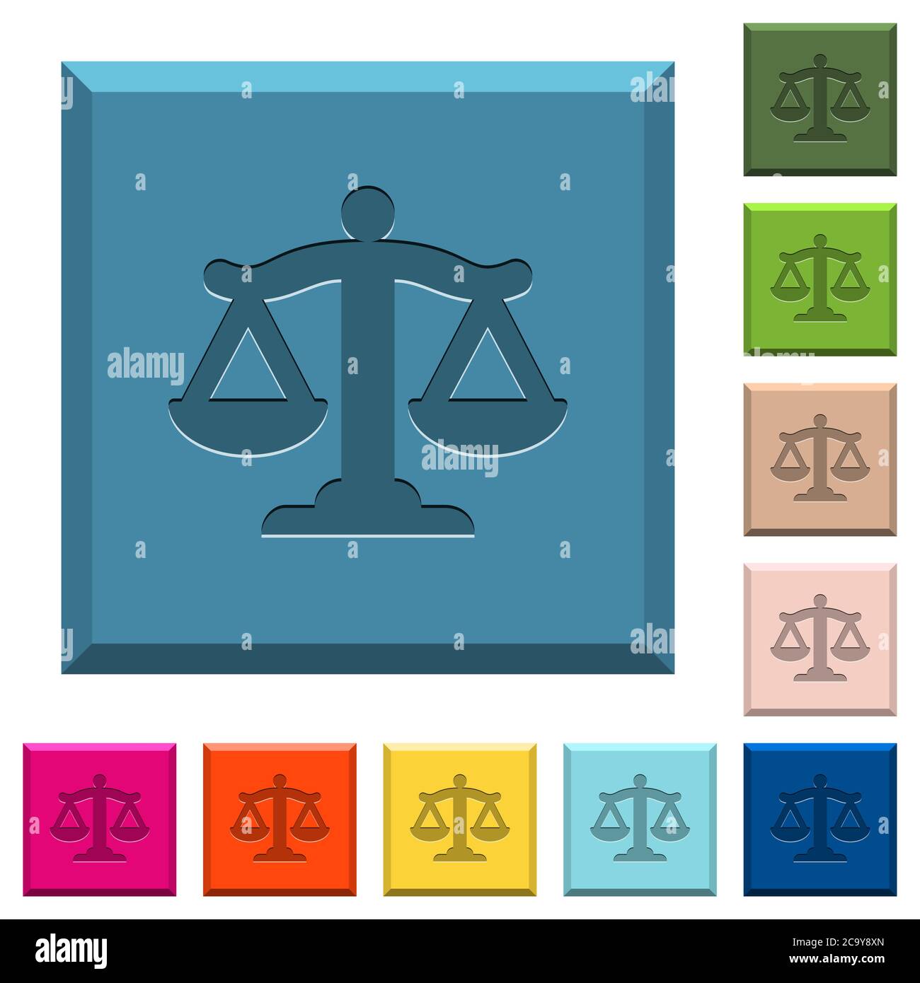 Scale of law engraved icons on edged square buttons in various trendy ...