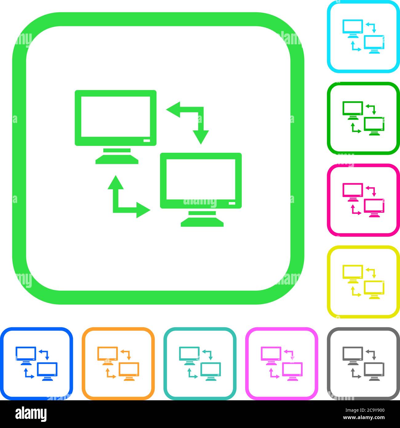 Data syncronization vivid colored flat icons in curved borders on white ...