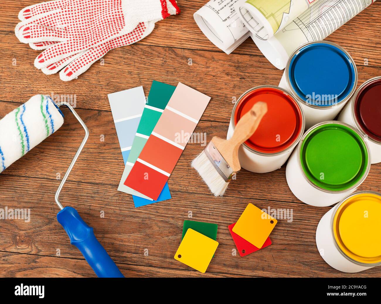 Renovation tools and blueprints Stock Photo - Alamy