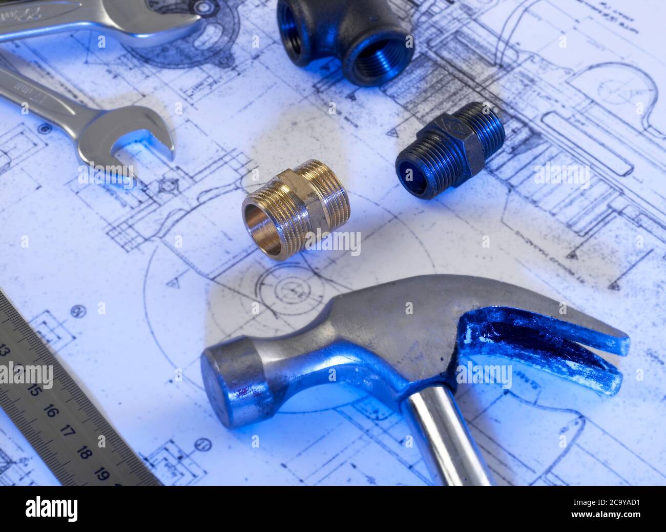 DIY tools on blueprints Stock Photo - Alamy