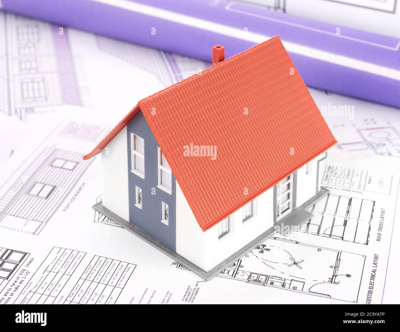Model house and blueprints Stock Photo - Alamy