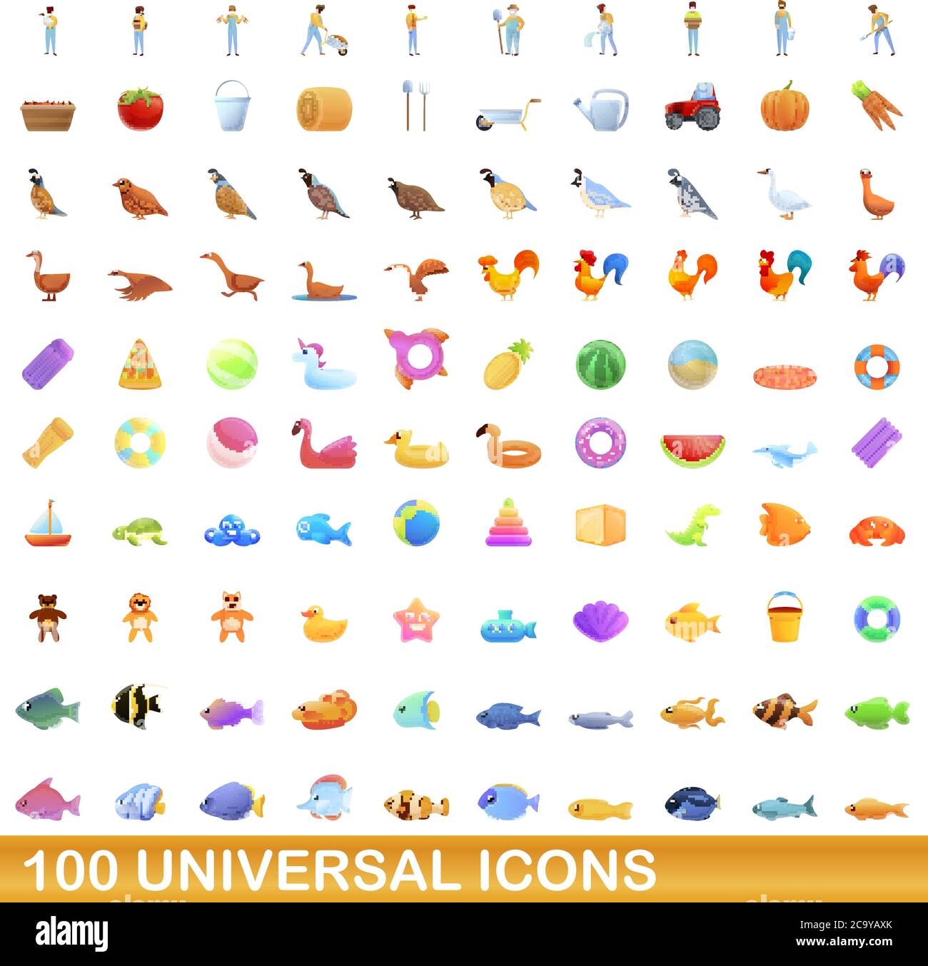 100 universal icons set. Cartoon illustration of 100 universal icons ...