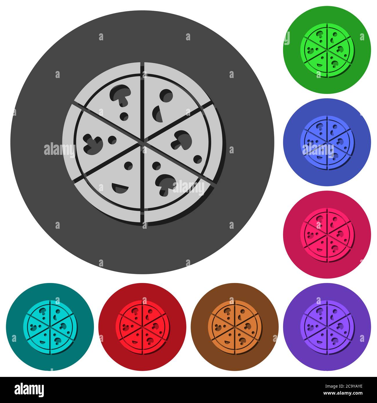 Pizza icons with shadows on color round backgrounds for material design ...