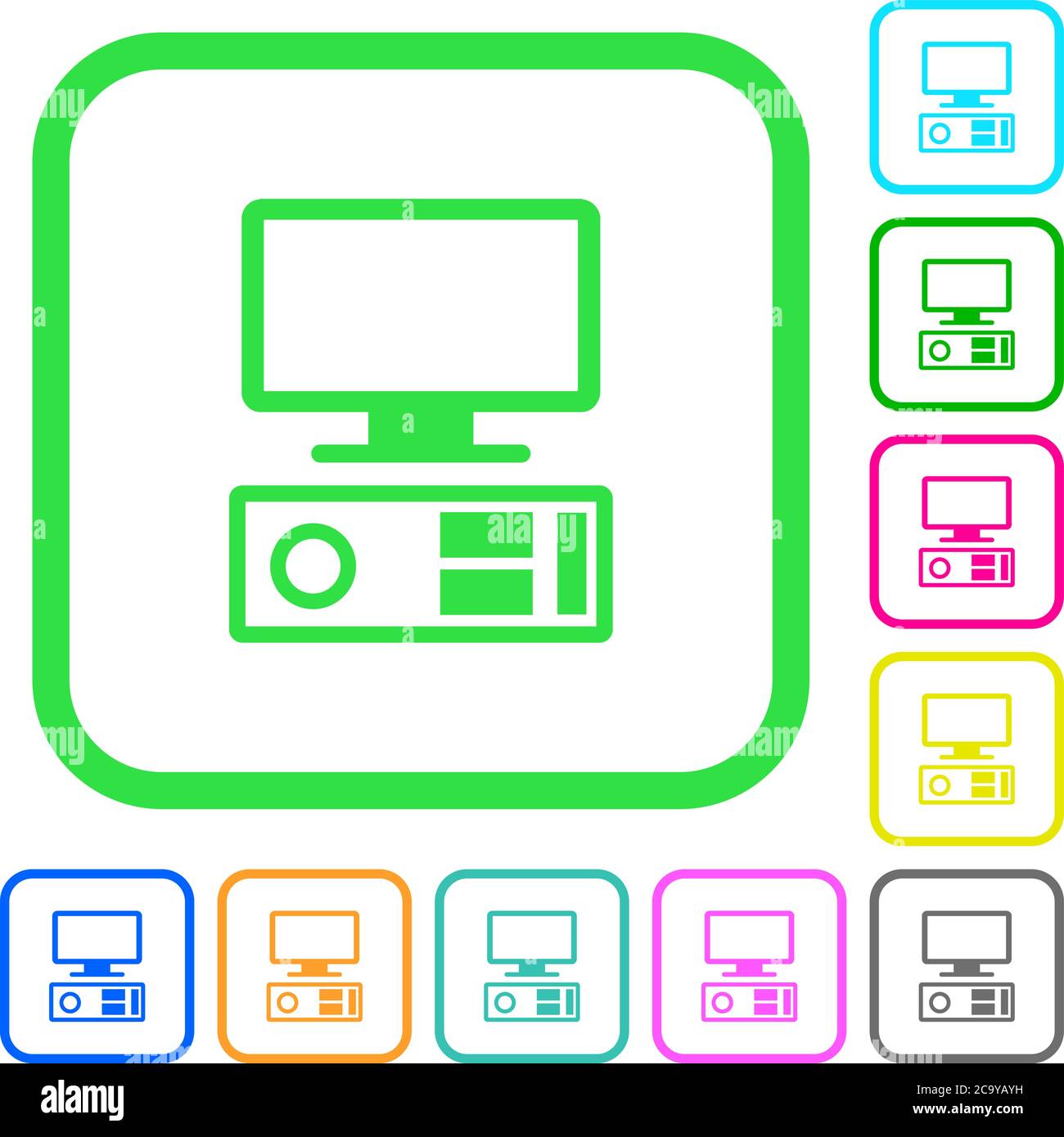 Old personal computer vivid colored flat icons in curved borders on ...