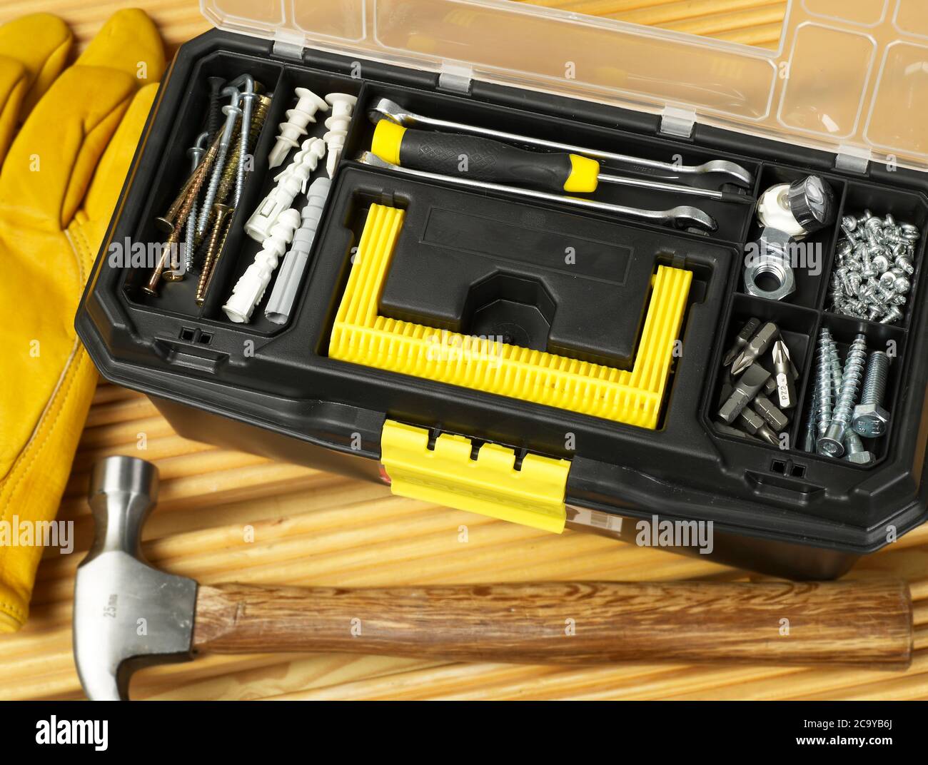 Toolbox and protection gloves Stock Photo - Alamy