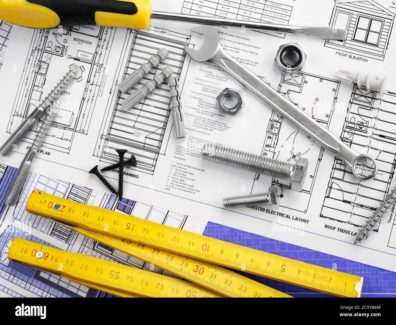 Tools on blueprint Stock Photo - Alamy