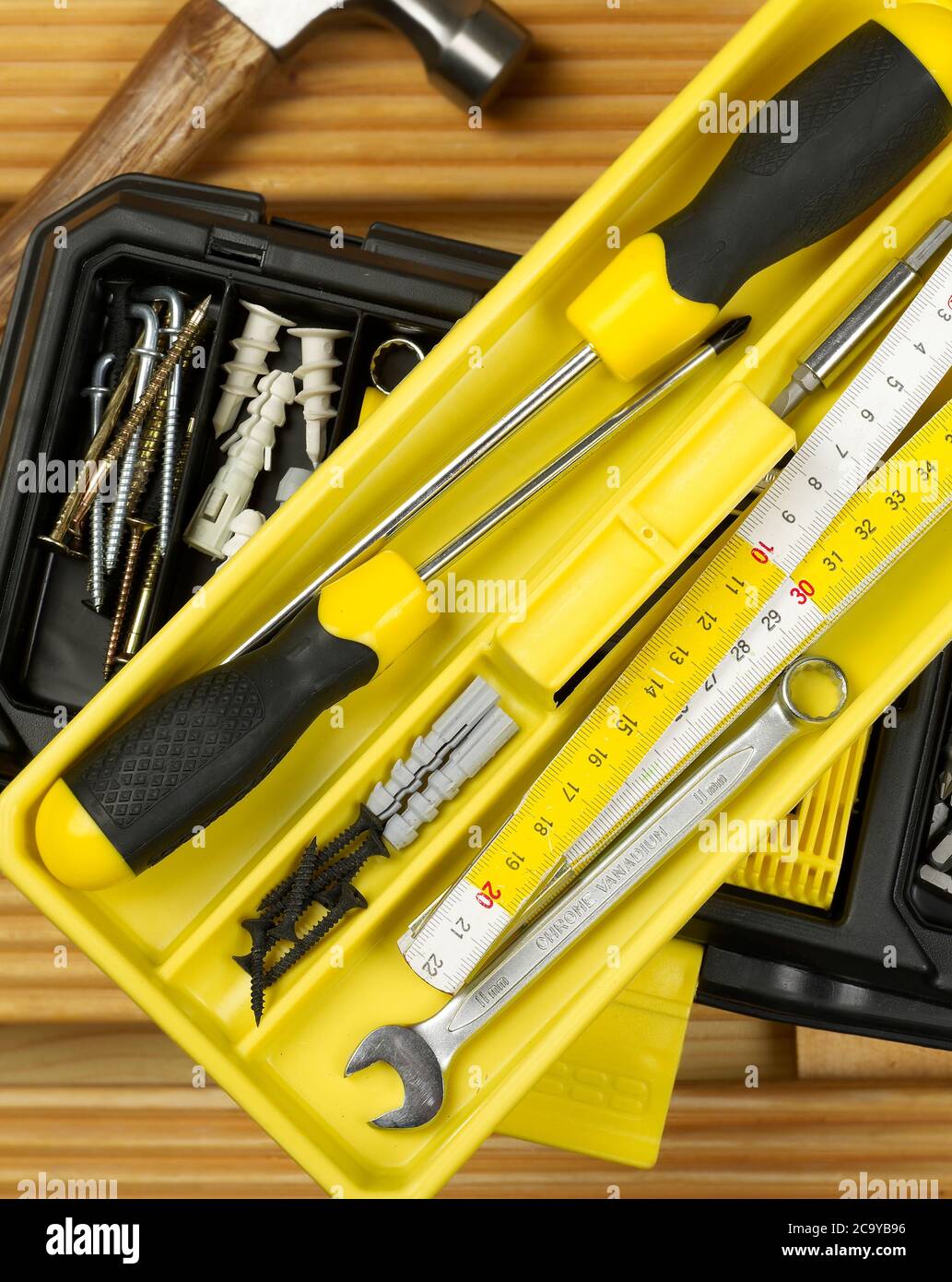 Toolbox close-up on wood Stock Photo - Alamy