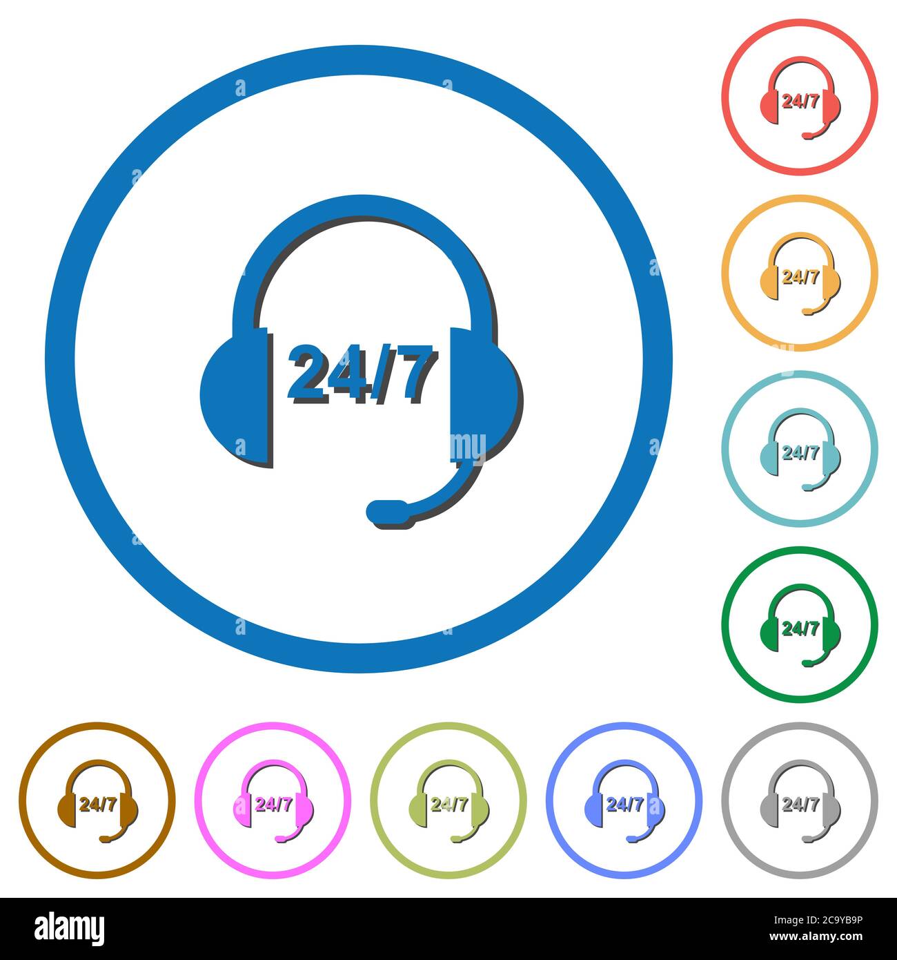 Call center flat color vector icons with shadows in round outlines on ...