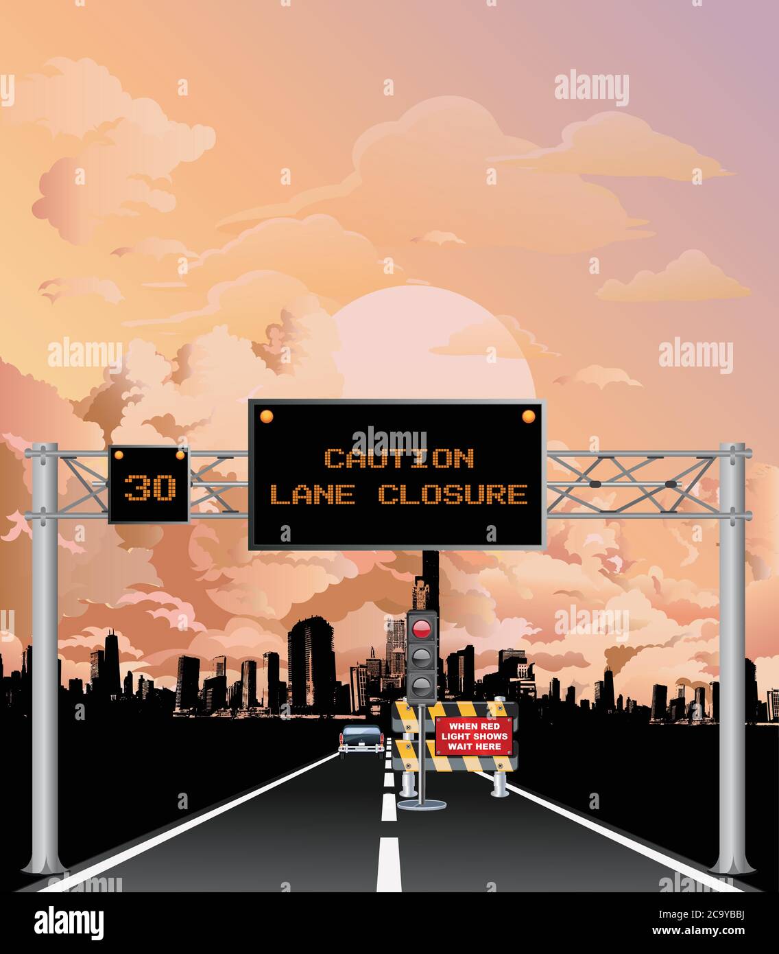 Roadway overhead digital gantry sign with caution roadworks lane ...