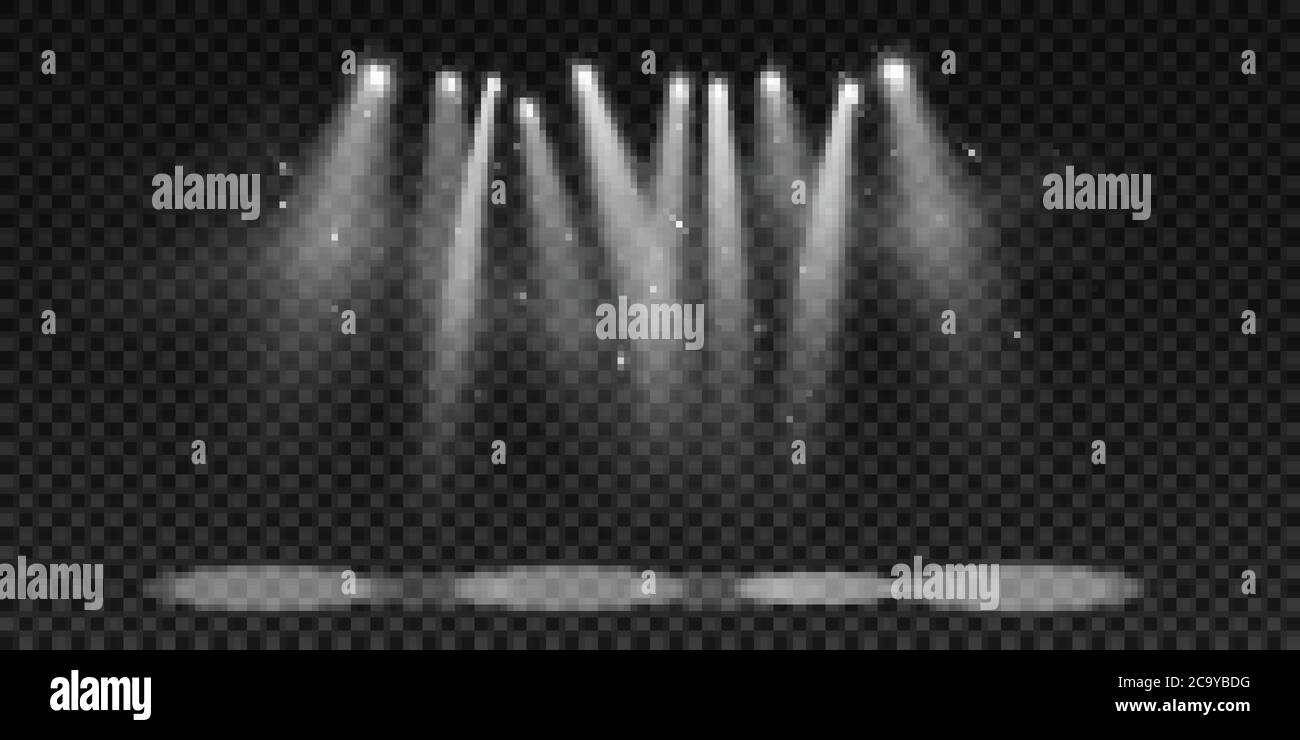 Spotlights isolated on a dark transparent background. Elements for show and stage. Party ...