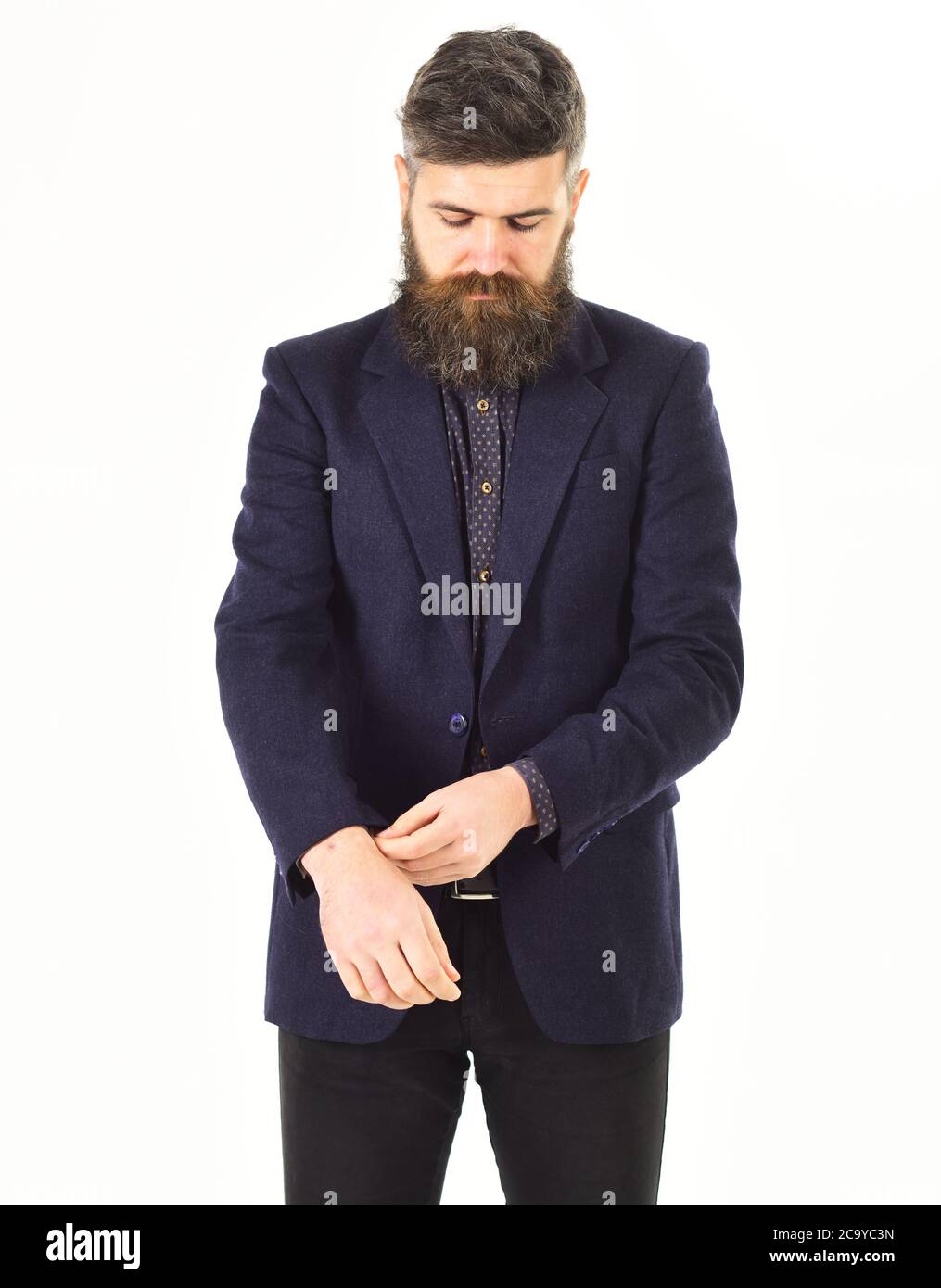 Manager wears fashionable formal suit and looks confident. Brutal man ...