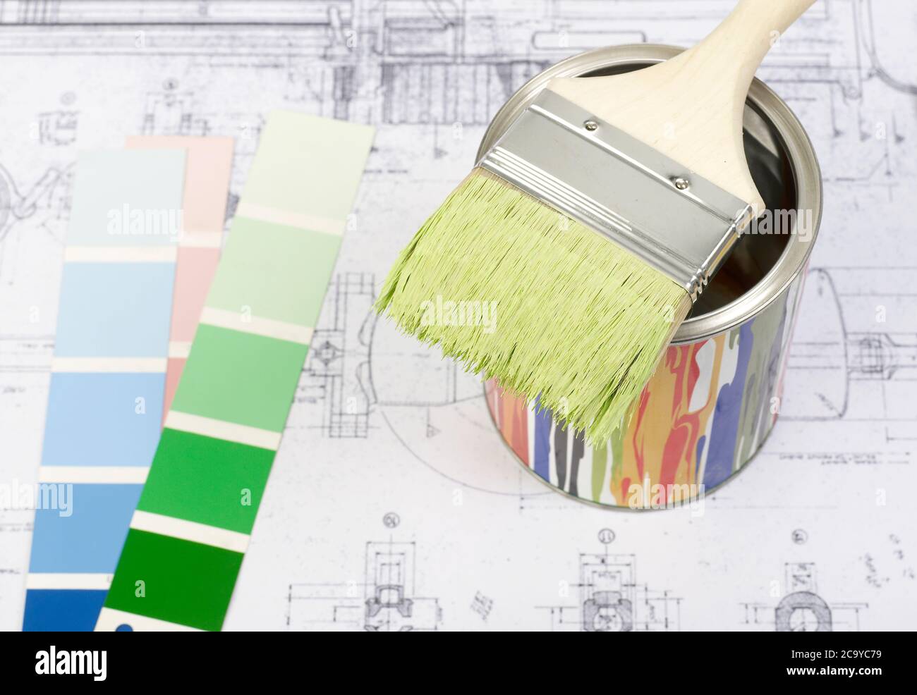 Paintbrush, color swatch and blueprint Stock Photo - Alamy