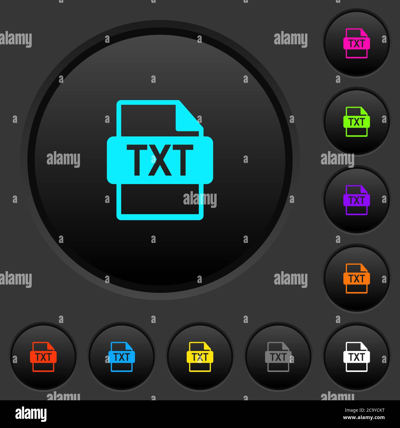 TXT file format dark push buttons with vivid color icons on dark grey ...