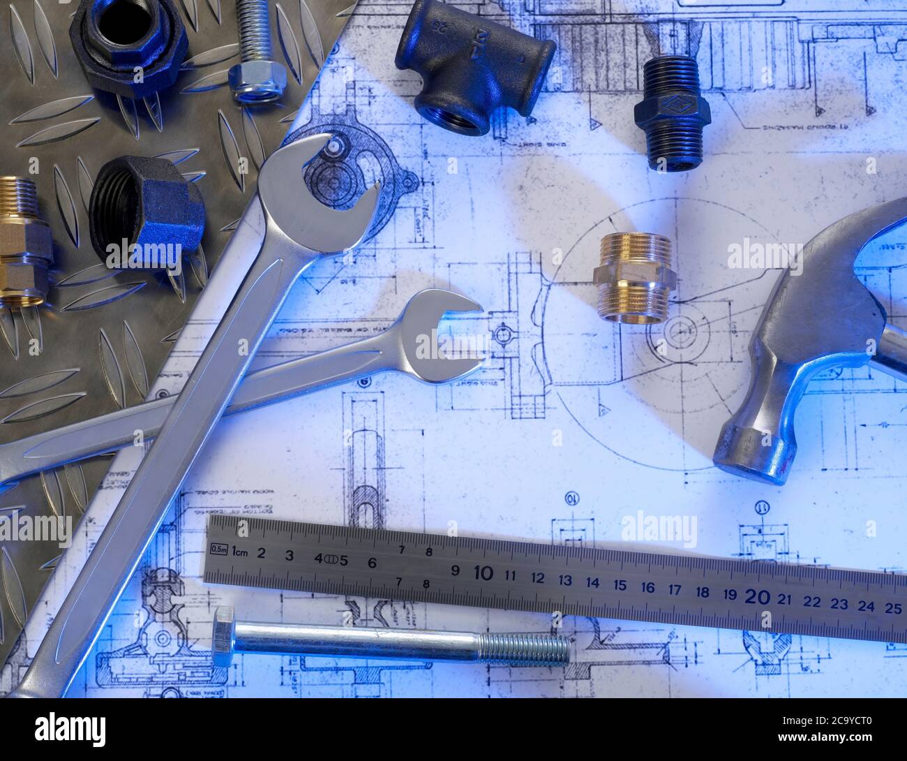 DIY tools on blueprints Stock Photo - Alamy