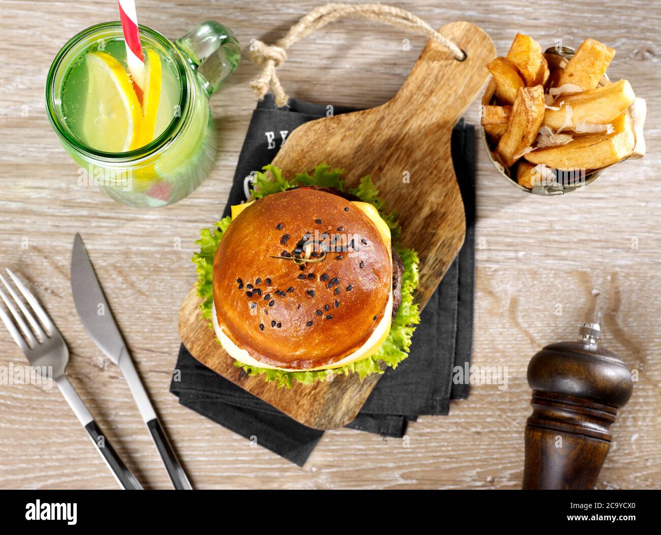 Burger, fries and lemonade Stock Photo - Alamy