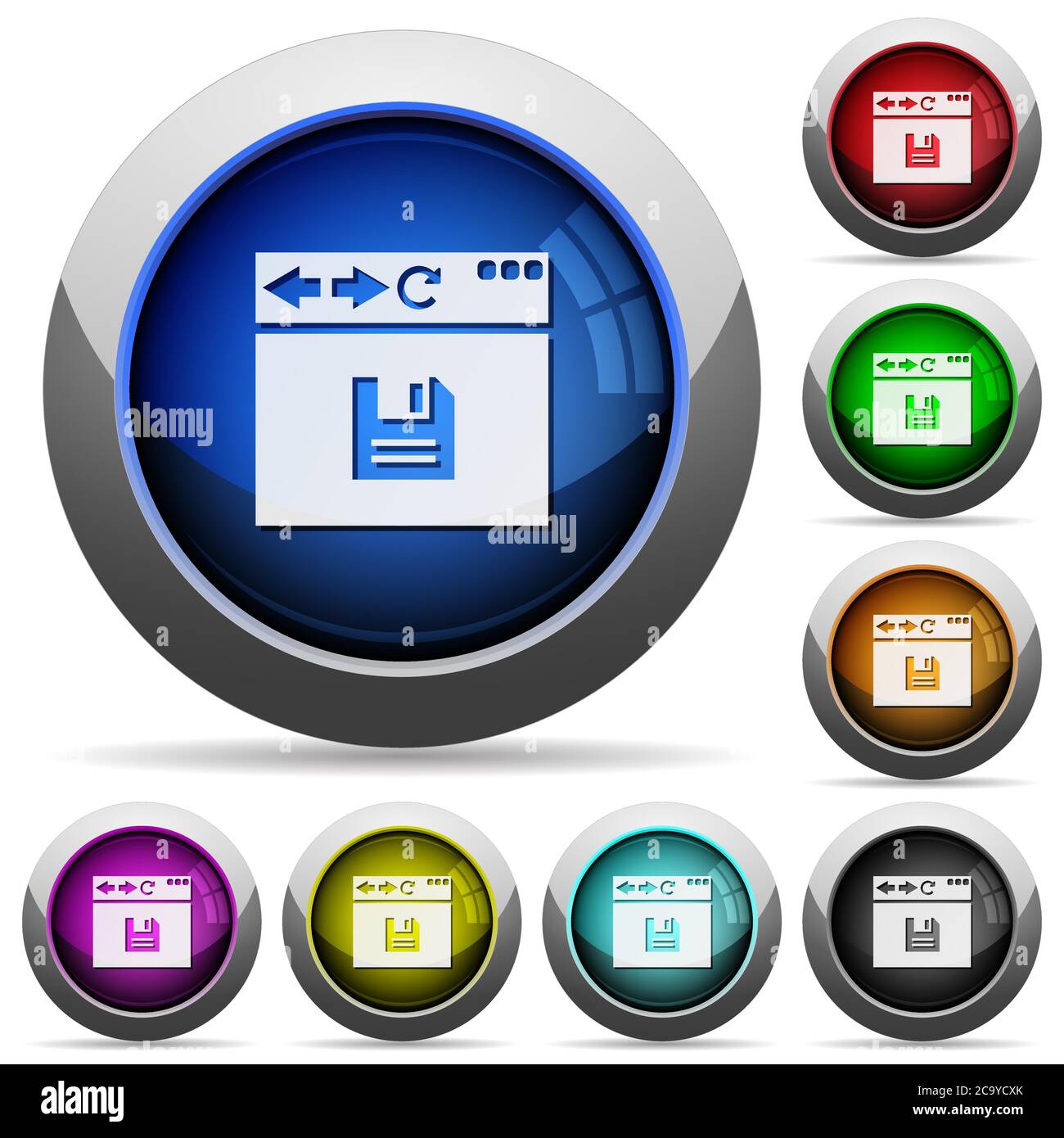 Browser save icons in round glossy buttons with steel frames Stock ...