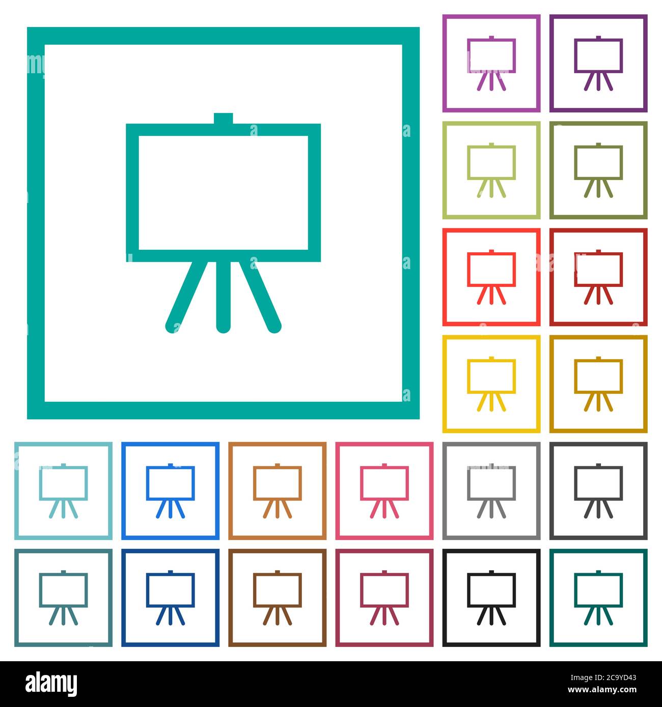 Easel with blank canvas flat color icons with quadrant frames on white ...