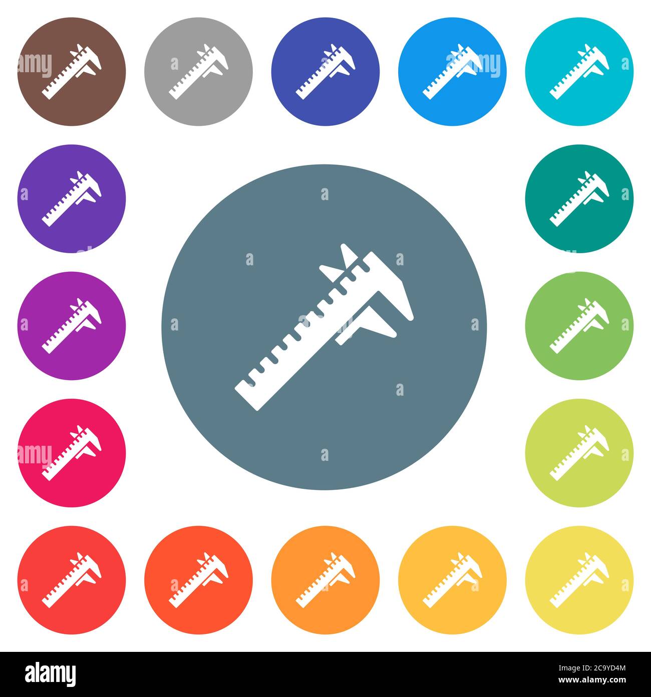 Caliper flat white icons on round color backgrounds. 17 background ...