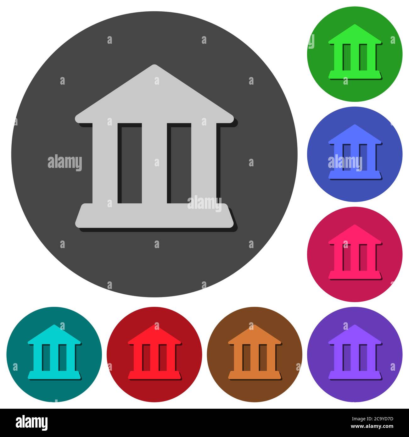Bank office building icons with shadows on color round backgrounds for ...