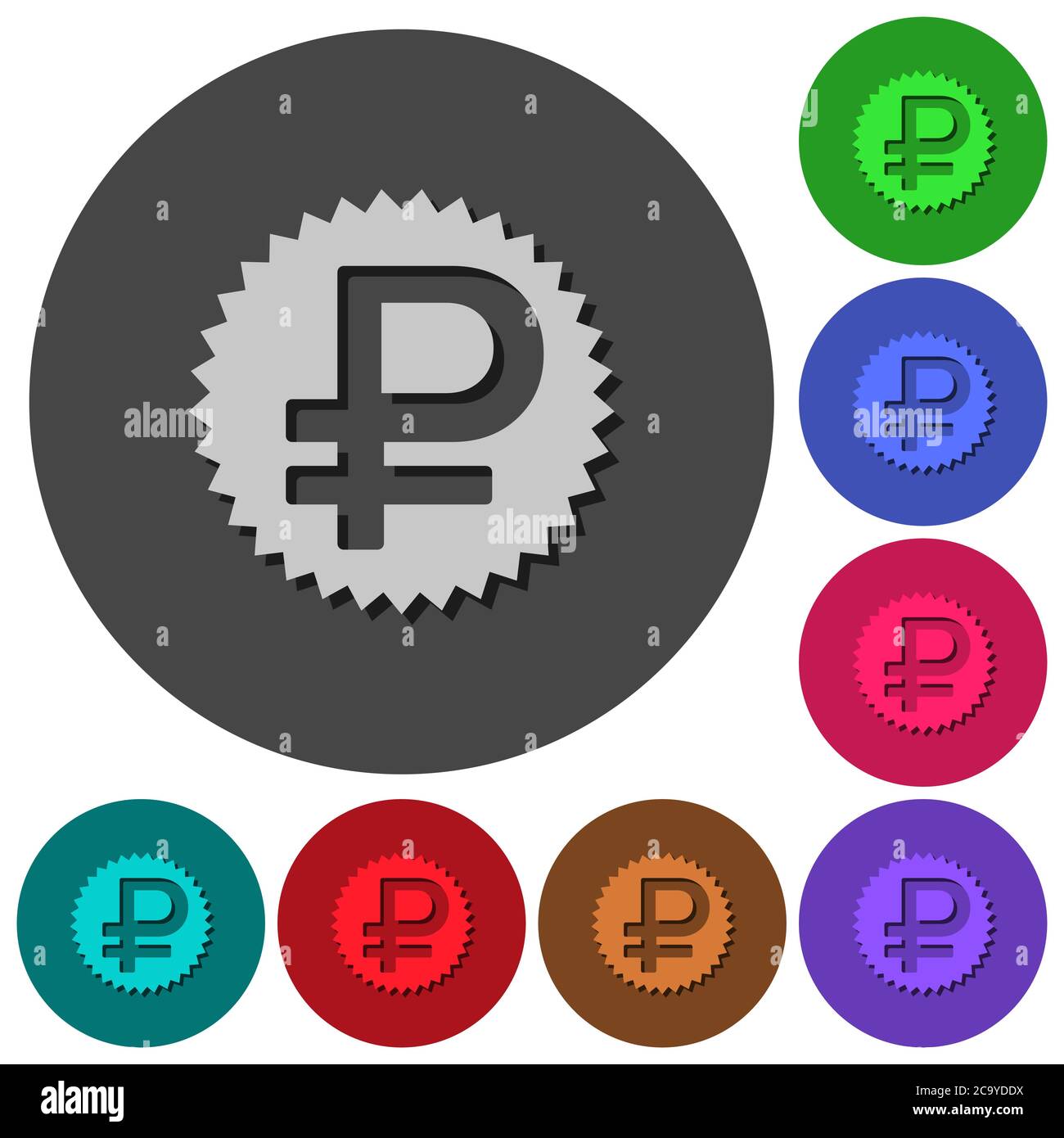 Ruble pay back guarantee sticker icons with shadows on color round ...
