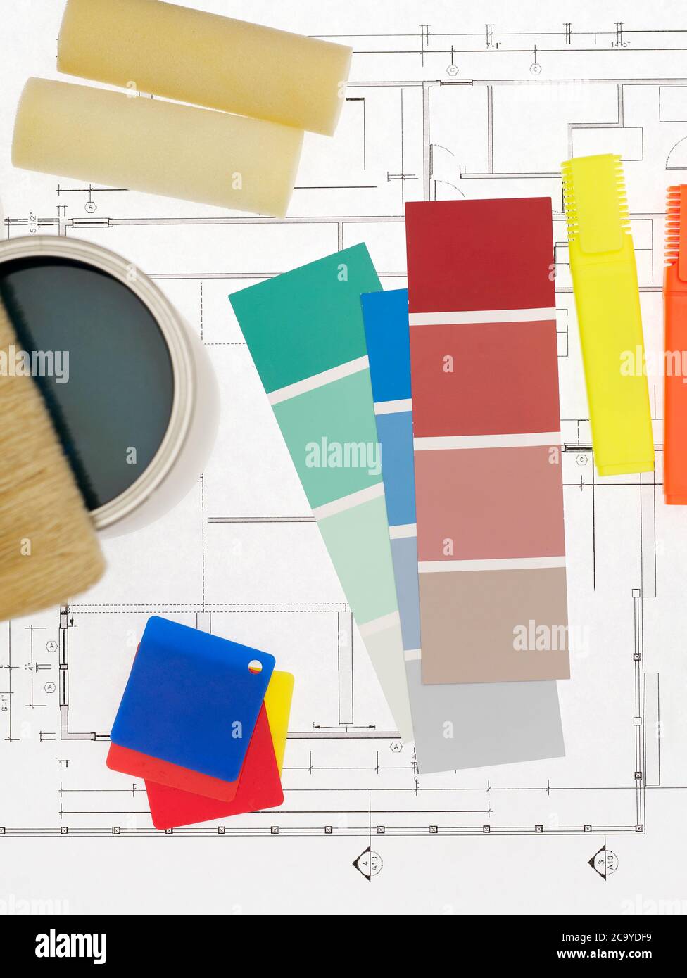 Painting tools and blueprint Stock Photo - Alamy