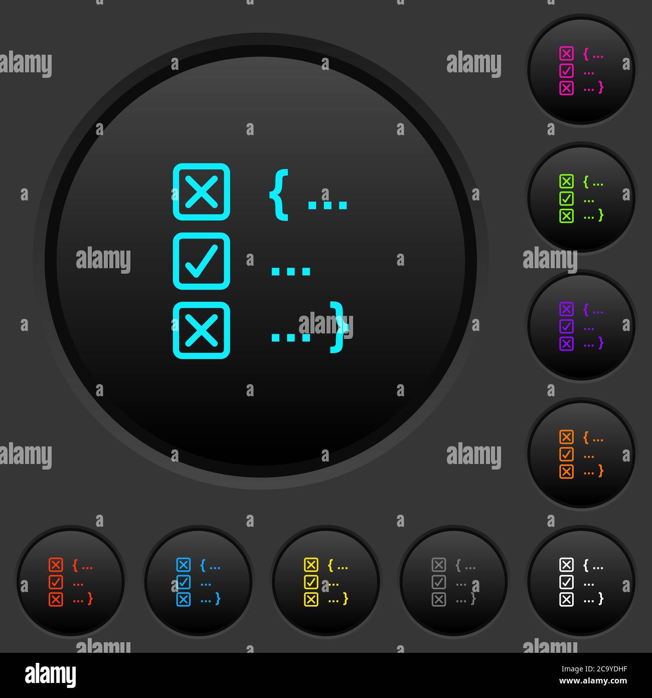 Source code checking dark push buttons with vivid color icons on dark grey background Stock ...