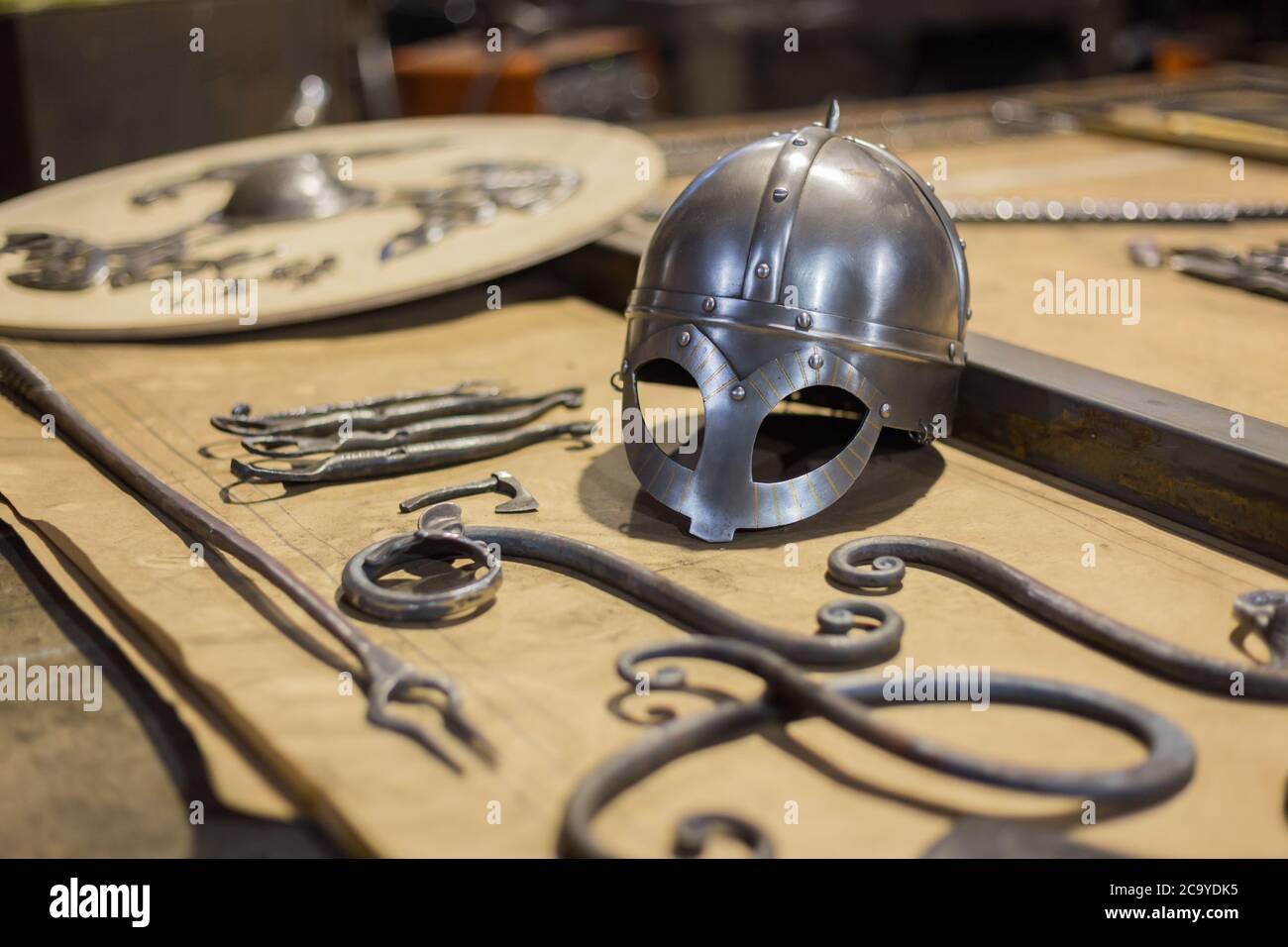 Blacksmith decorative elements at forge, workshop. Handmade ...