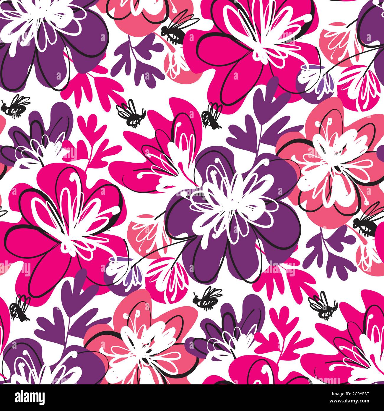 Fun pink and violet abstract floral seamless pattern for background ...
