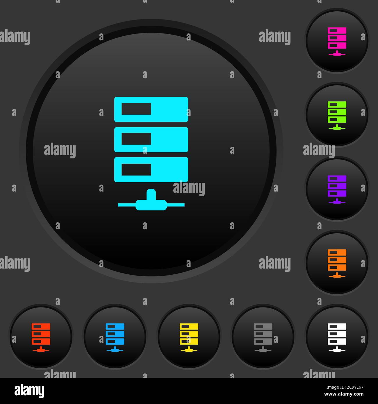 Data network dark push buttons with vivid color icons on dark grey ...