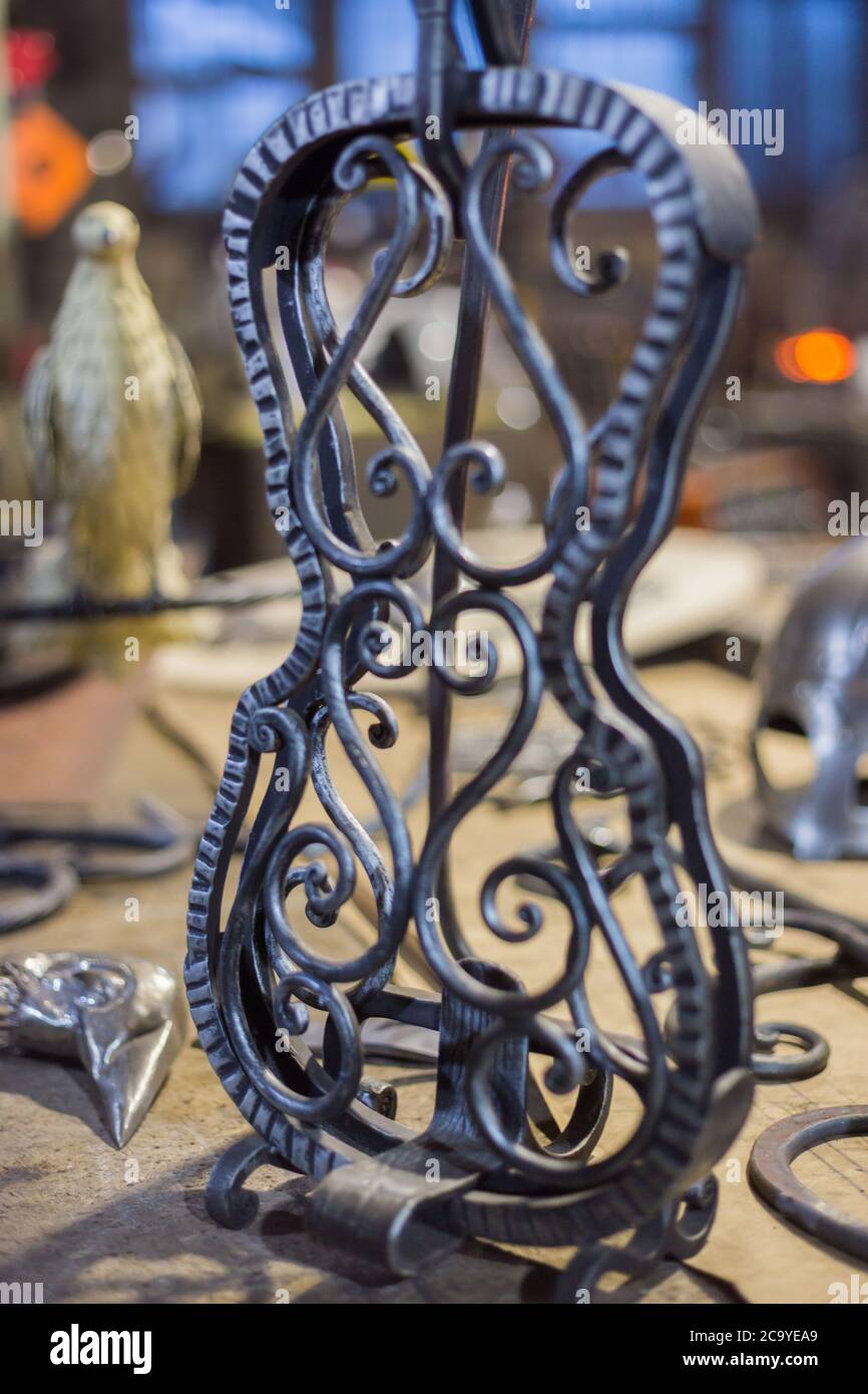 Blacksmith decorative elements at forge, workshop. Handmade ...