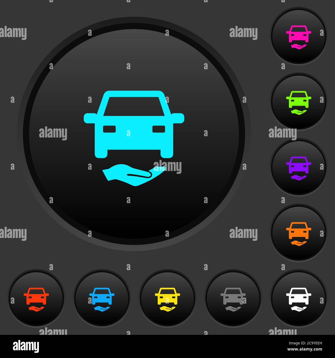 Car insurance dark push buttons with vivid color icons on dark grey ...